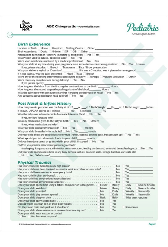 Chiropractic Child Intake Forms